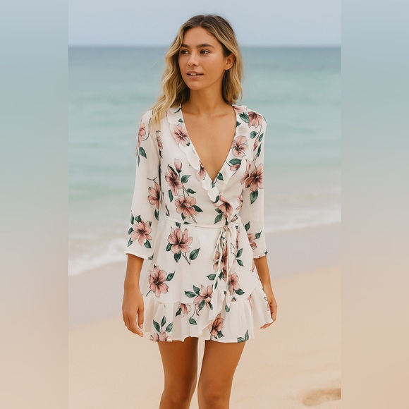 Billabong | Dresses | Billabong Floral Ruffle Wrap Mini Dress Long ...